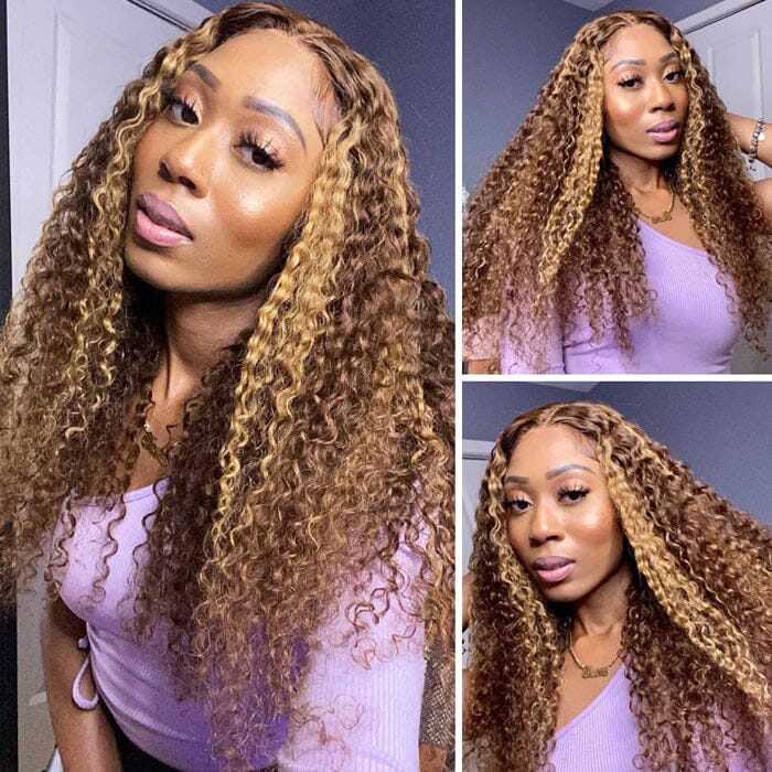 QT Jerry Curly Honey Blonde Highlight 4x4 5x5 Lace Closure Wigs Human Hair | QTHAIR