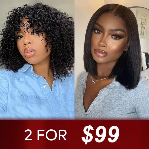 2 Wigs $99 Bone Straight 10" Bob Lace Closure Wig and 10" Curly Wig ...