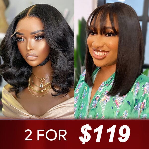 2 Wigs $119 Bouncy Wave 12" 5x5 Bob Lace Closure Wig and 10" Lace Part ...