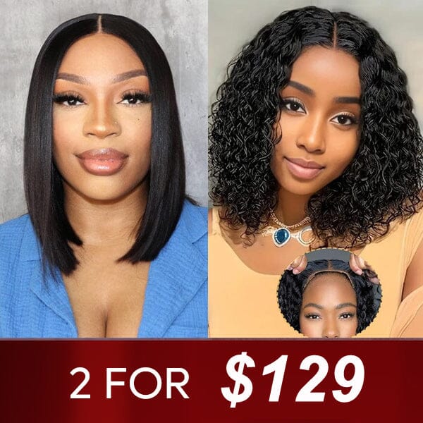 2 Wigs $129 Yaki Straight Bob Lace Closure Wig and Water Wave Glueless ...