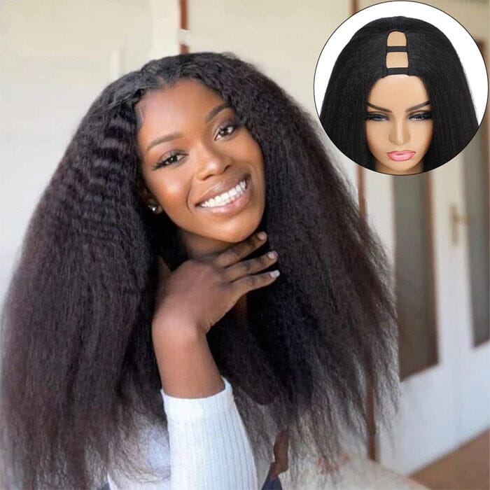 U Part Wig Kinky Straight Human Hair Wigs Italian Yaki 2x4 Left Part ...
