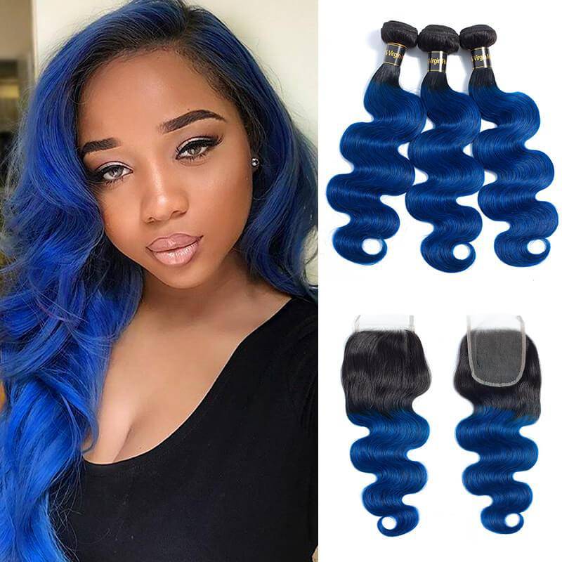 1B/Blue Body Wave Human Hair 3 Bundles with Closure 2 Tone Ombre Human ...